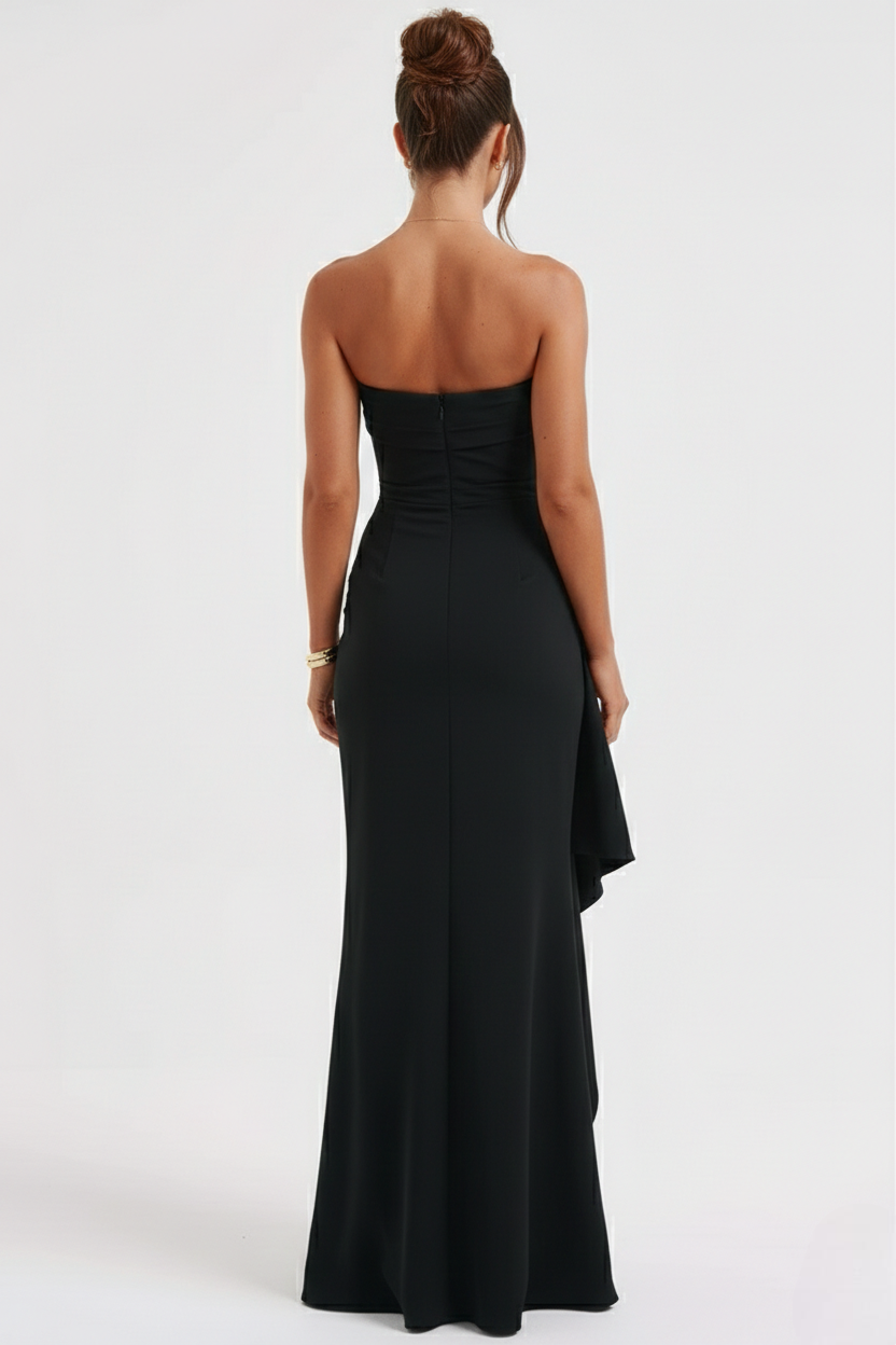 Strapless Ruched Crepe Thigh-High Split Maxi Dress
